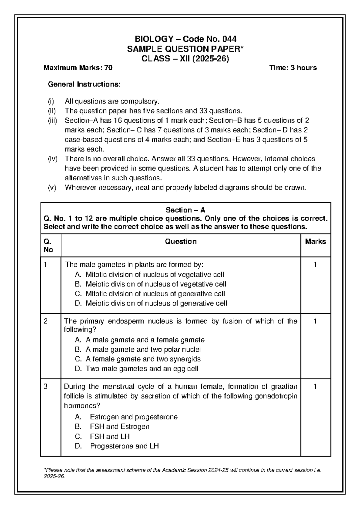 Biology Code No. 044 Class XII Sample Question Paper for Final Exam ...