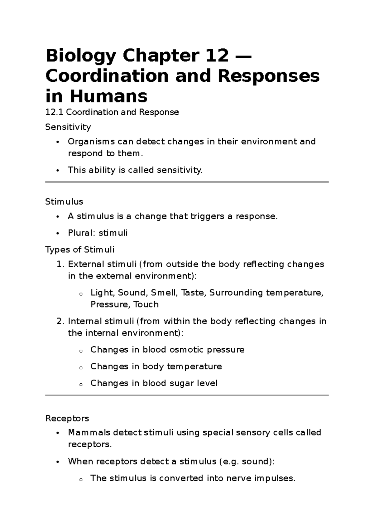 Biology 12: Coordination and Responses in Humans - Chapter 12 Notes ...