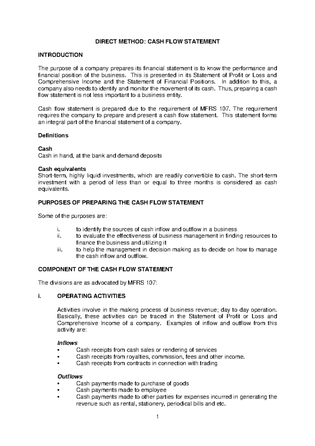 Direct Method Cash Flow Statement Notes - MFRS 107 Analysis - Studocu