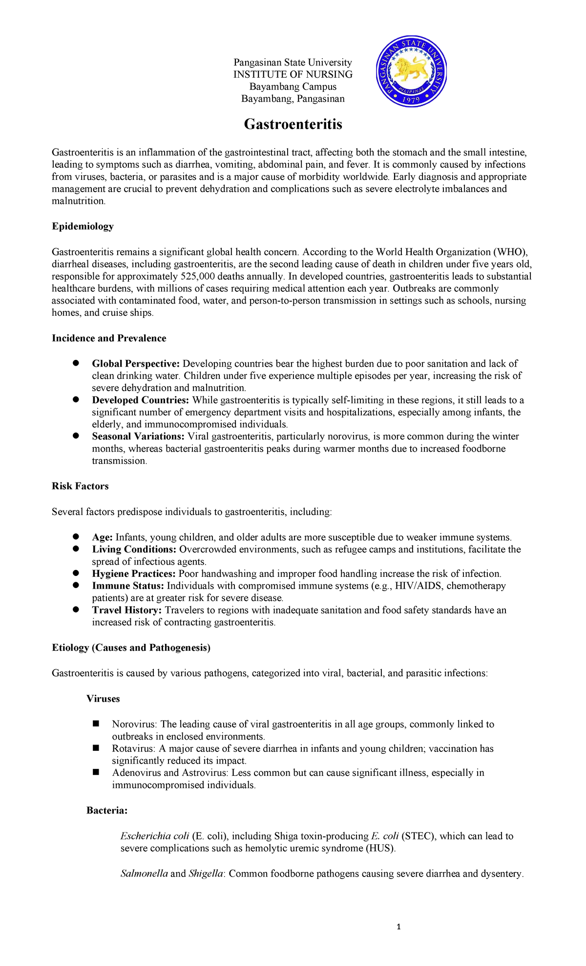Gastroenteritis Overview and Management - Nursing IN 101 - Studocu