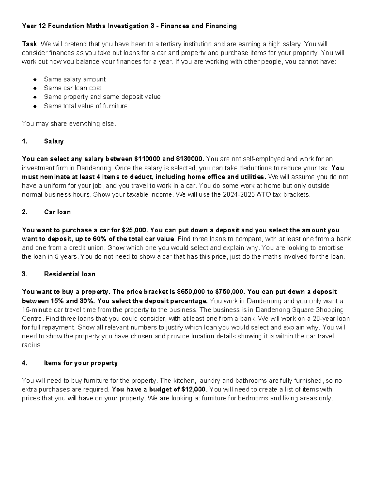 Year 12 Foundation Maths Investigation 3: Finances & Financing 2025 ...