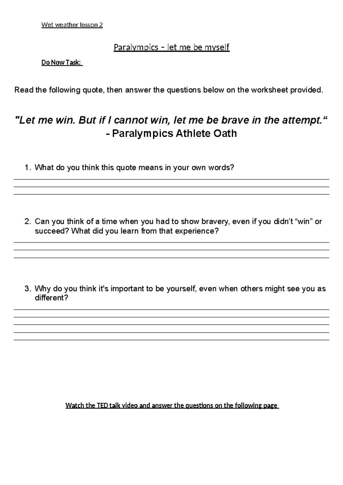 Lesson 2: Paralympics Reflection & Comprehension Worksheet - Studocu