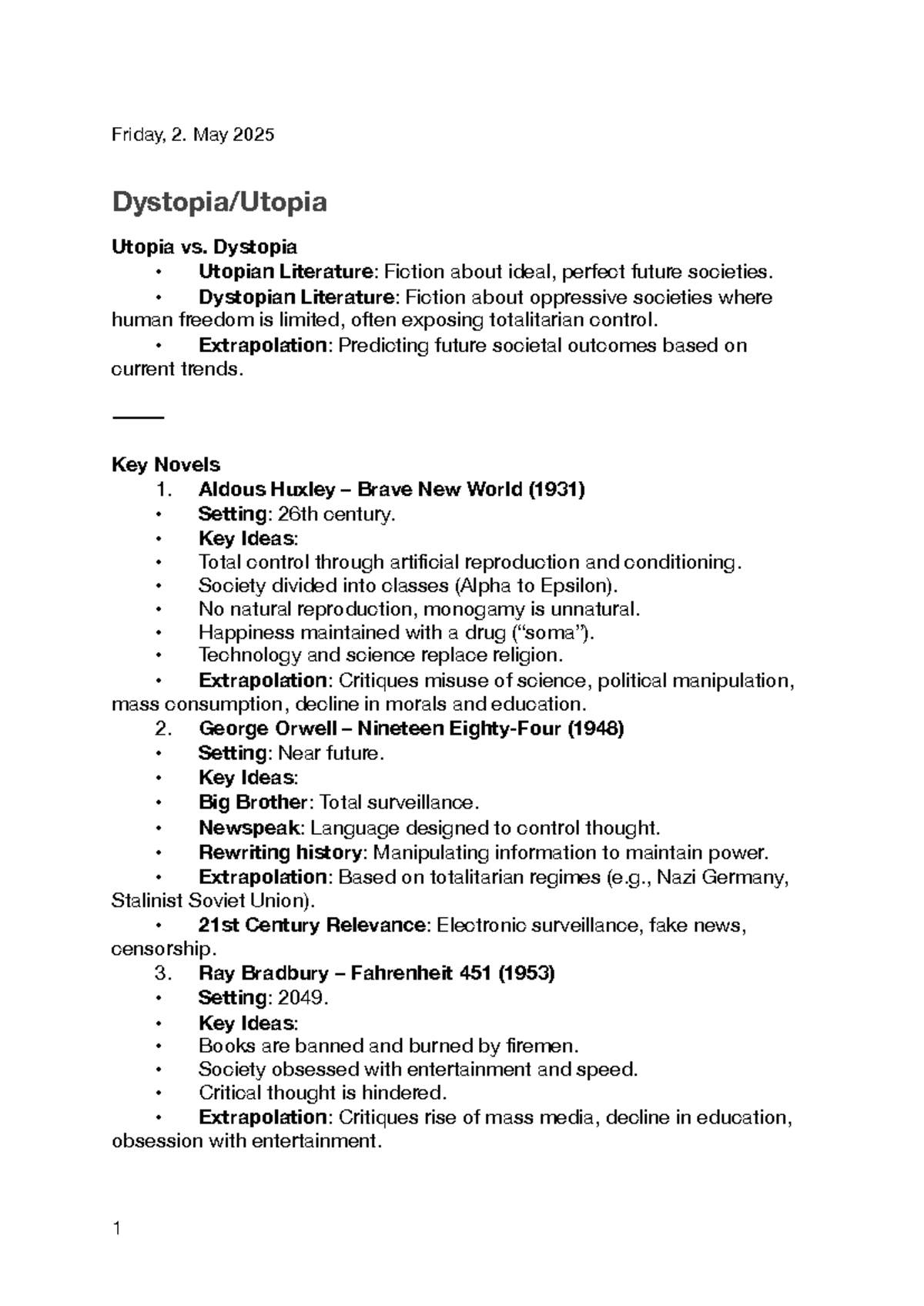 Utopia vs. Dystopia: Analyzing Key Novels and Themes in Lit - Studocu