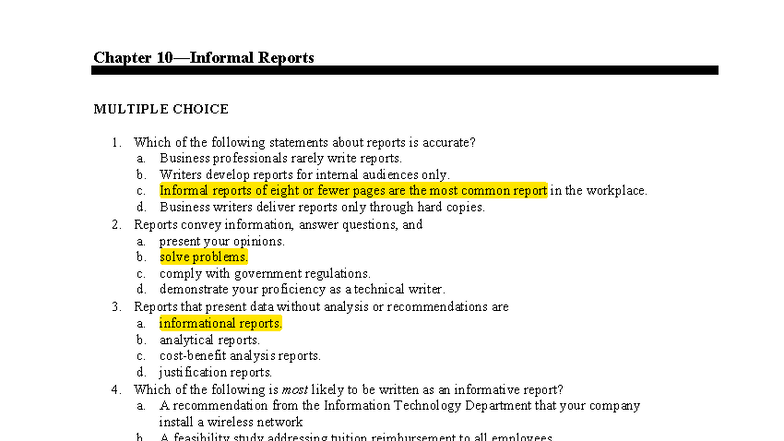 Chapter 9 - Informal Reports: Key Concepts and Multiple Choice ...