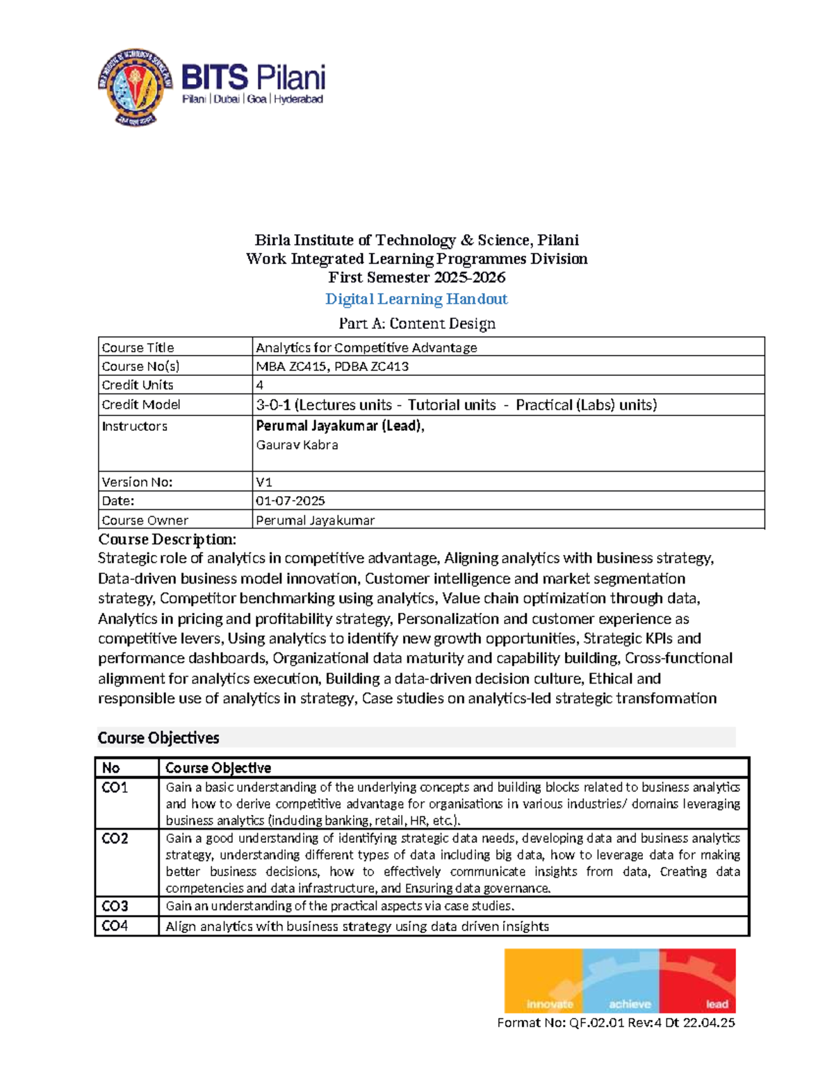 MBA ZC415 Analytics for Competitive Advantage: Digital Learning Handout ...
