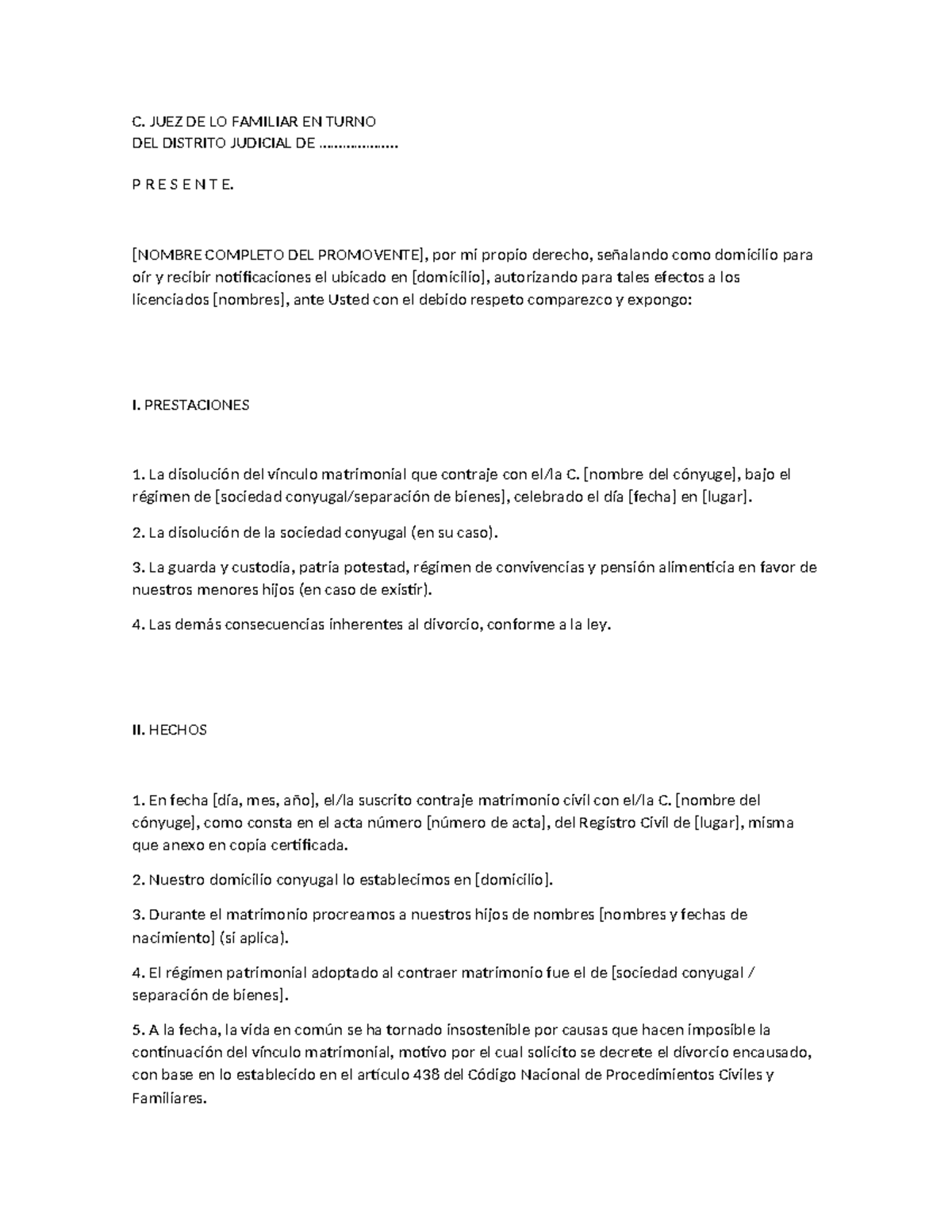 Divorcio Incausado - Boceto para C. JUEZ DE LO FAMILIAR - Studocu