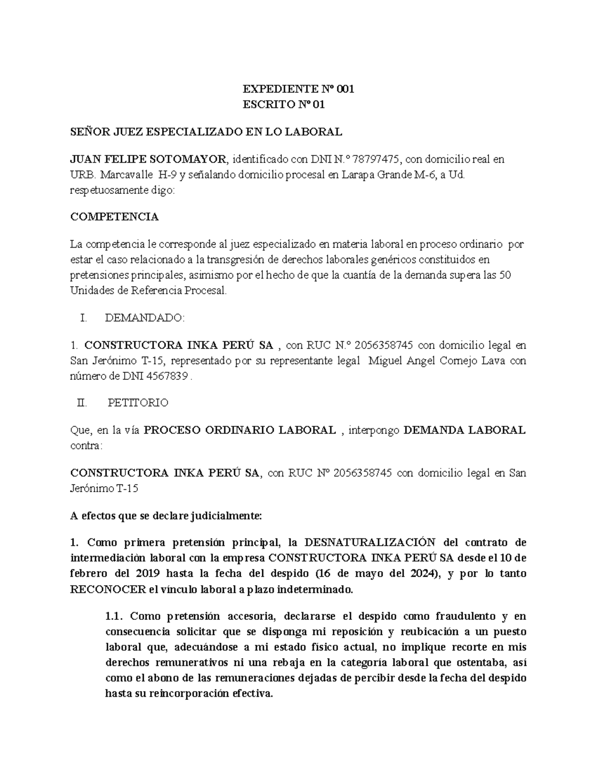EXPEDIENTE Nº 001 - DEMANDA LABORAL POR DESNATURALIZACIÓN DE CONTRATO - Studocu