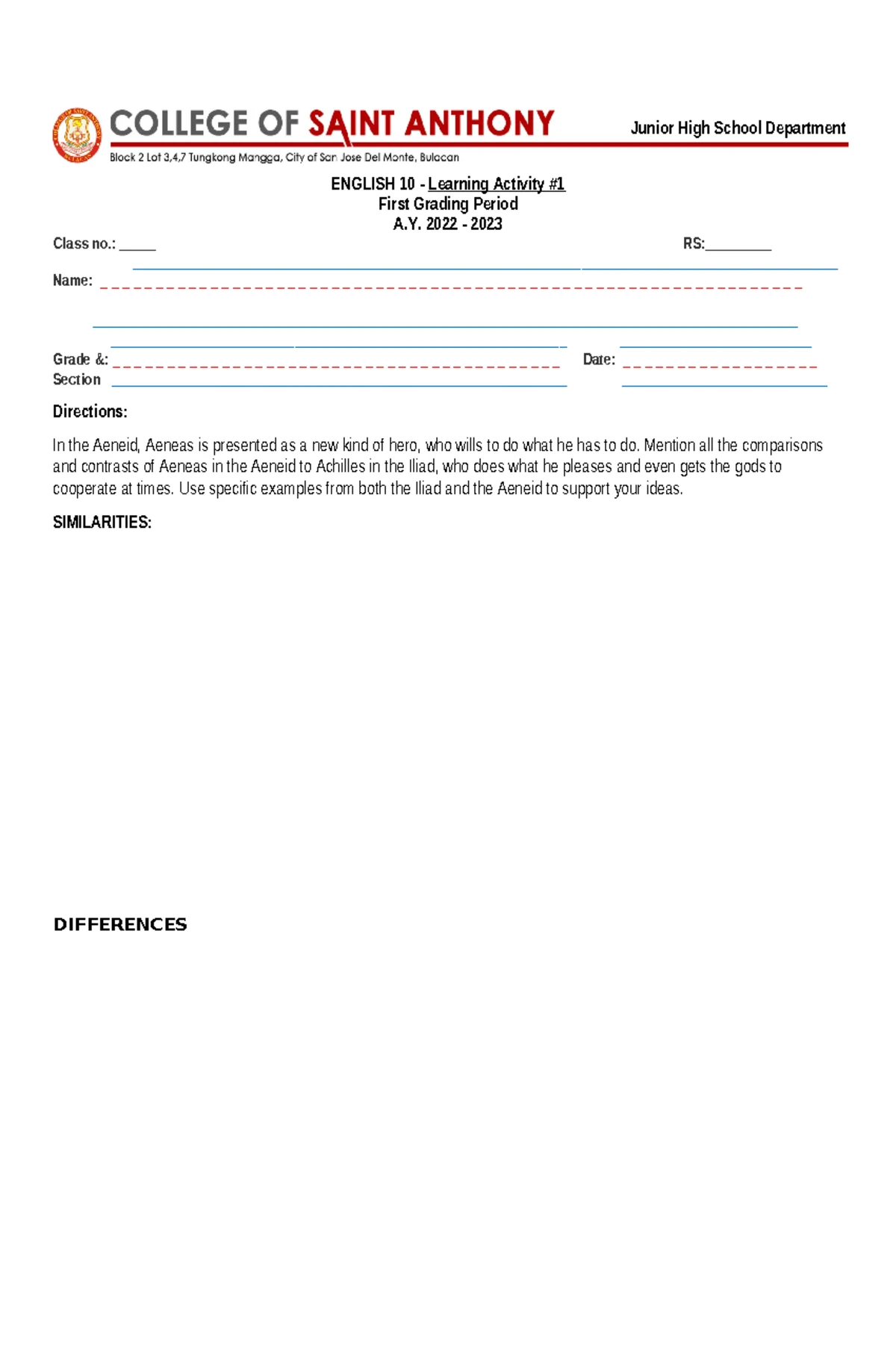 ENGLISH 10 Learning Activity: Character Evaluation - 1st Grading Period ...