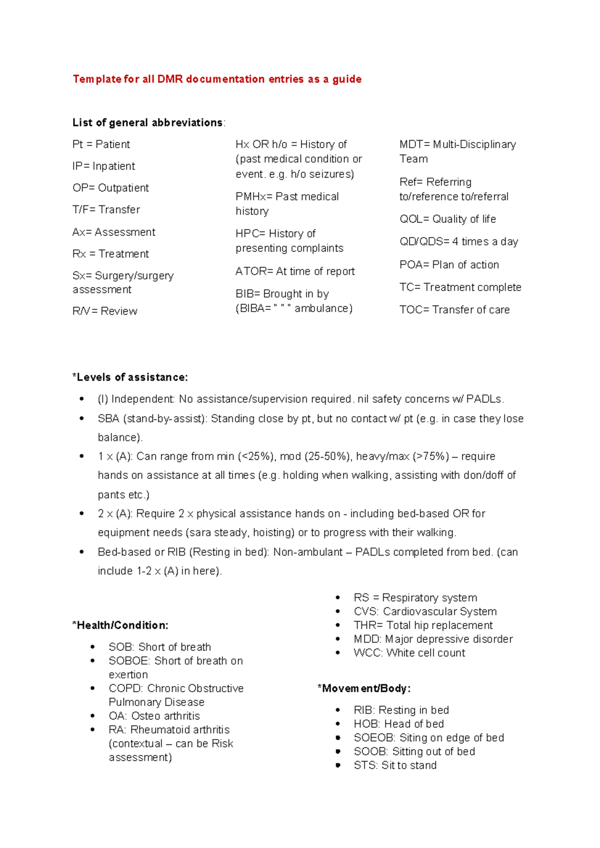 Occupational Therapy Medical Abbreviation and SMART Goals - Template ...