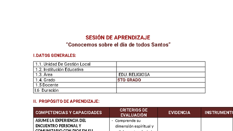 SESION DE APRENDIZAJE: Día de Todos Santos - EDU. RELIGIOSA 5TO GRADO ...