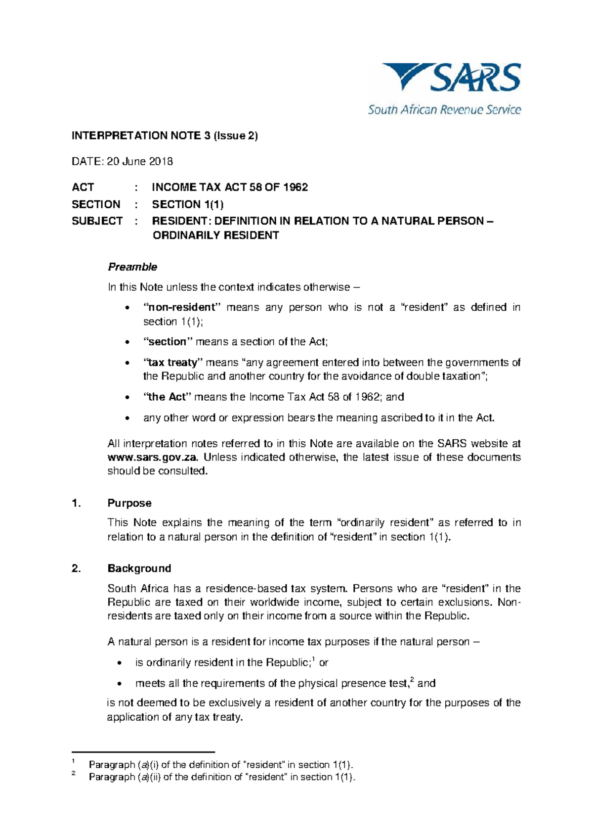 Interpretation Note 3: Definition of "Ordinarily Resident" in Tax Act ...