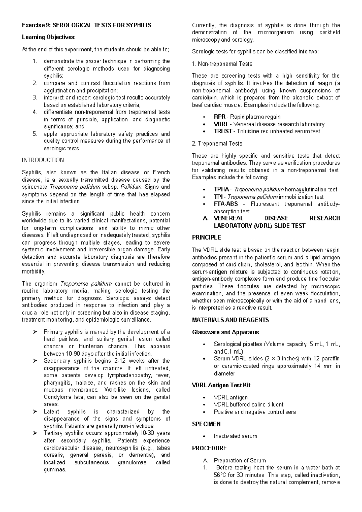 Immunoserology LAB: Exercise 9 - Serological Tests for Syphilis - Studocu