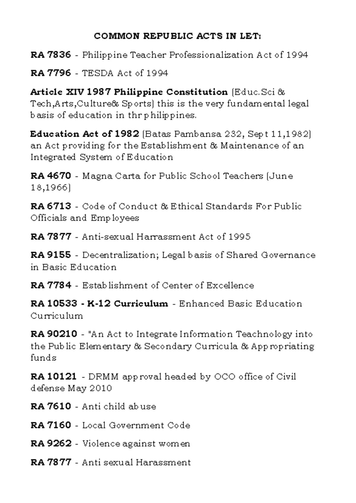 Common Republic Acts in LET: Legal Framework for Education in the ...