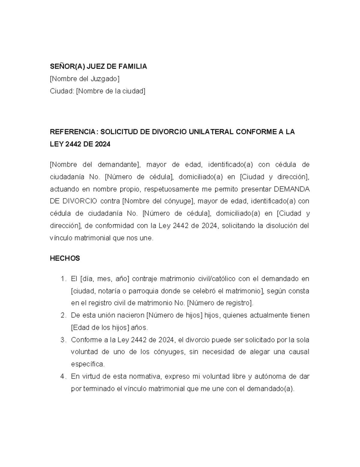 Solicitud de Divorcio Unilateral Ley 2442 de 2024 - Demanda Formal ...