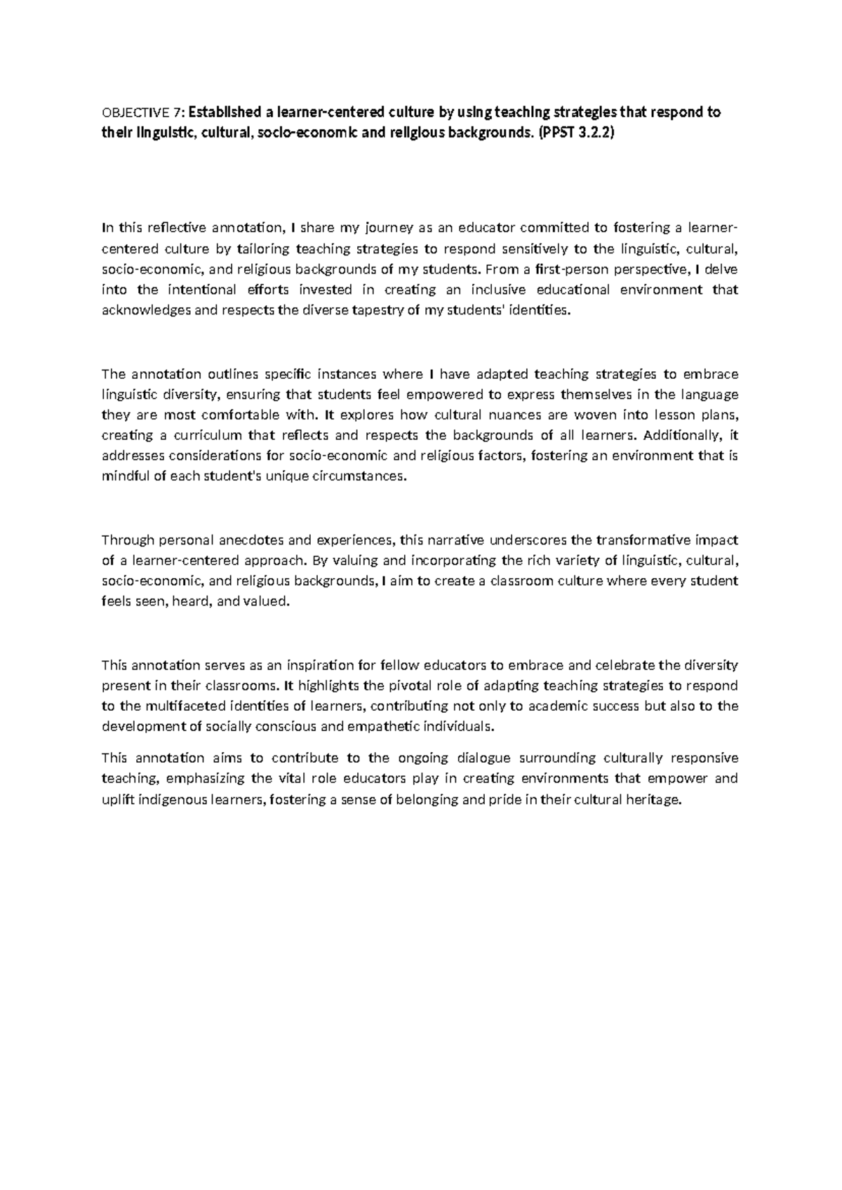 PPST 3.2 Reflective Annotation: Fostering a Learner-Centered Culture ...