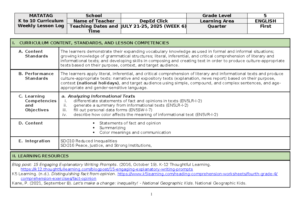 English 5 DLL Q1 W6 - Detailed Lesson Plan on Analyzing Informational ...