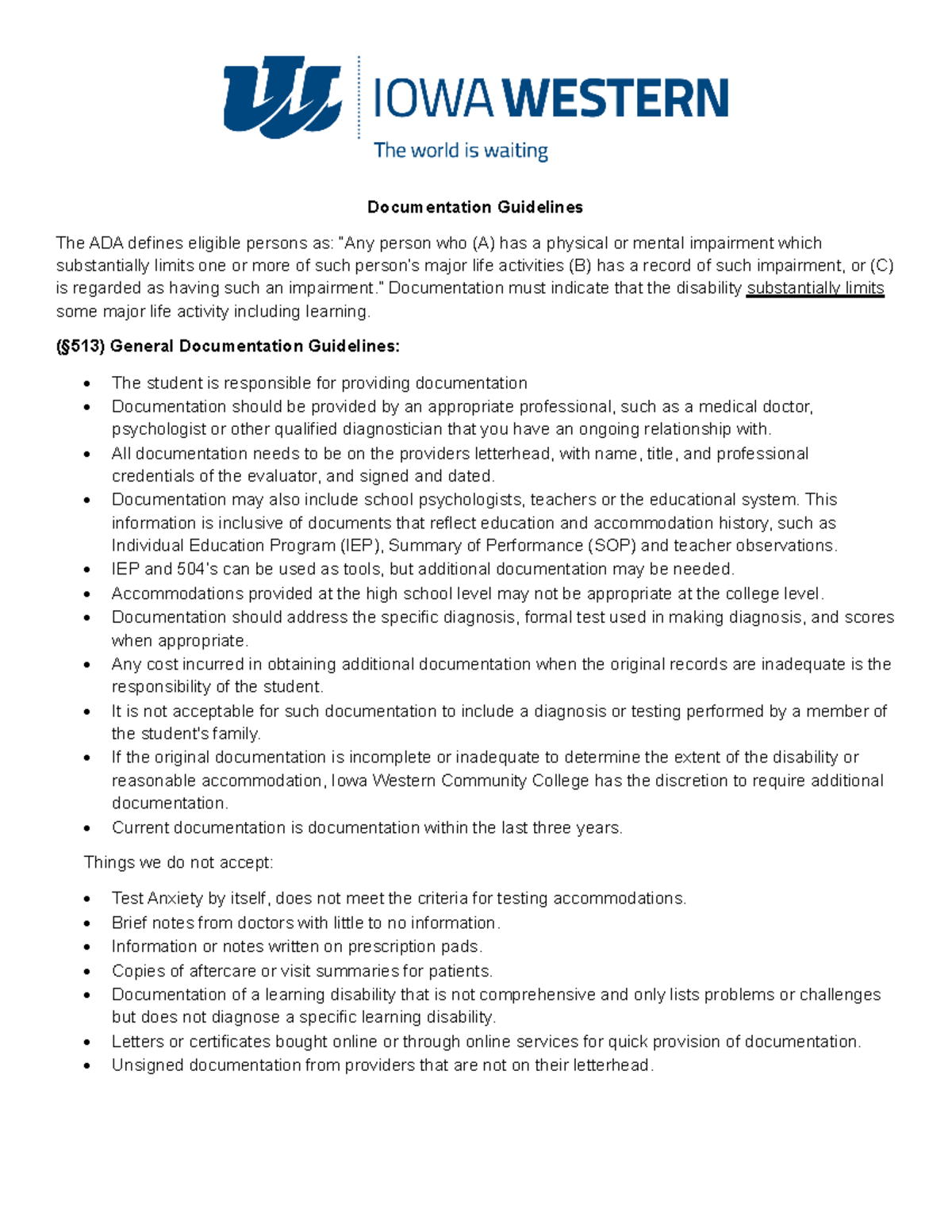ADA Documentation Guidelines for Students with Disabilities - Studocu