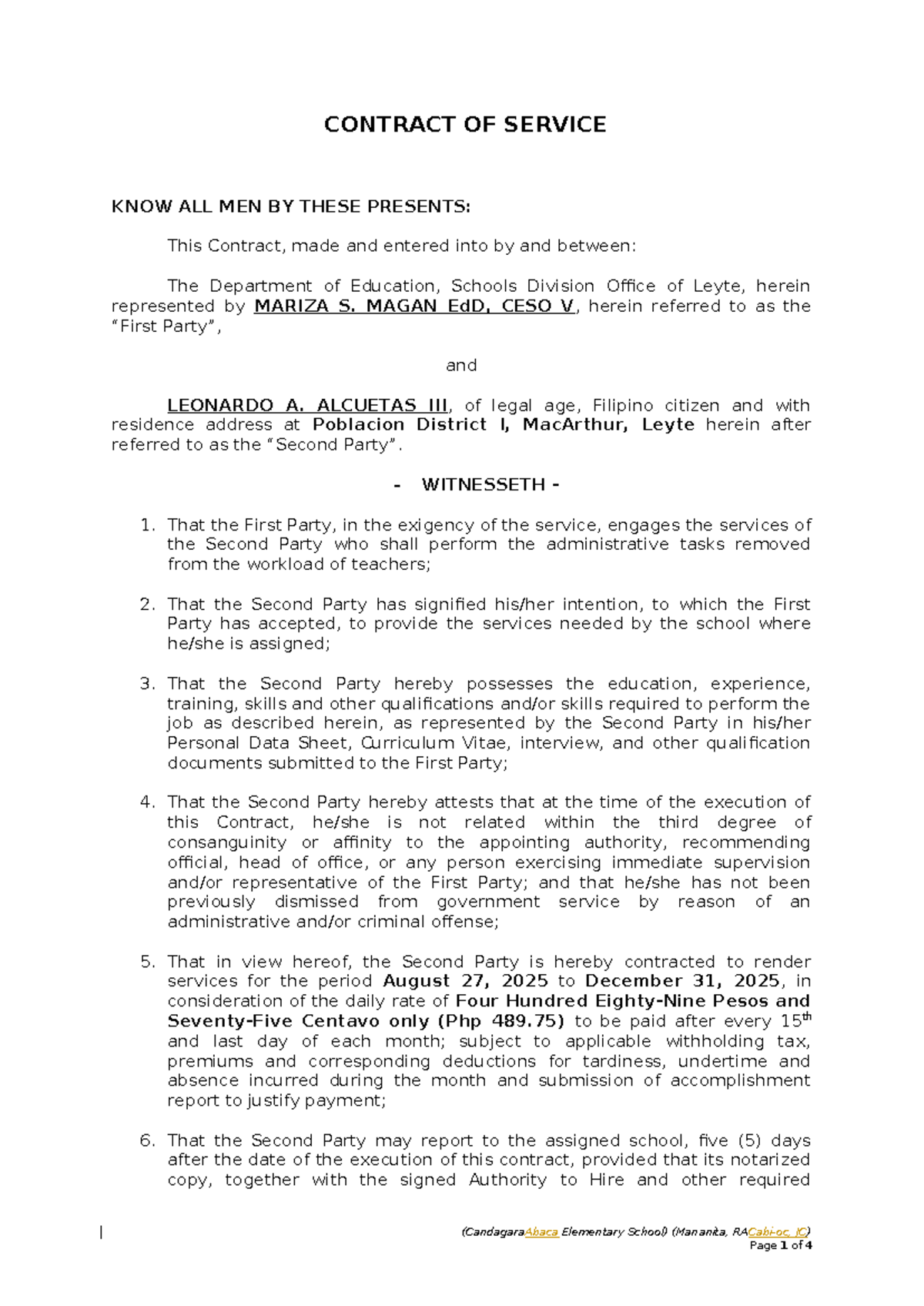 Admin Support Staff Contract - DepEd Leyte (2025) - Studocu