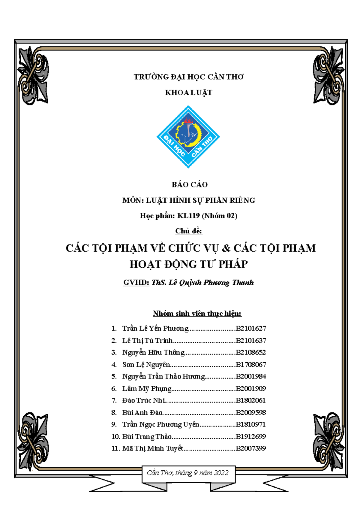 BÁO CÁO LHS PHẦN RIÊNG KL119 - TỘI PHẠM VỀ CHỨC VỤ & TƯ PHÁP - Studocu