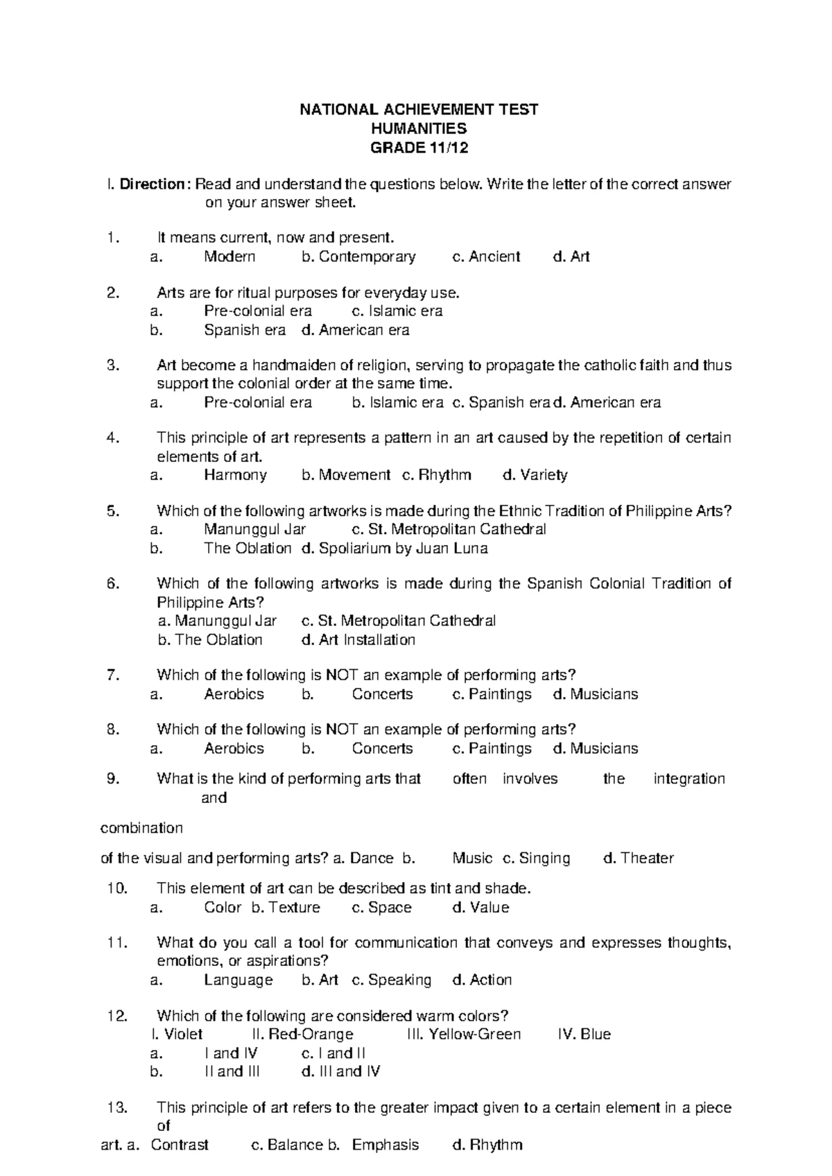 NAT- Reviewer- Humanities - NATIONAL ACHIEVEMENT TEST HUMANITIES GRADE ...