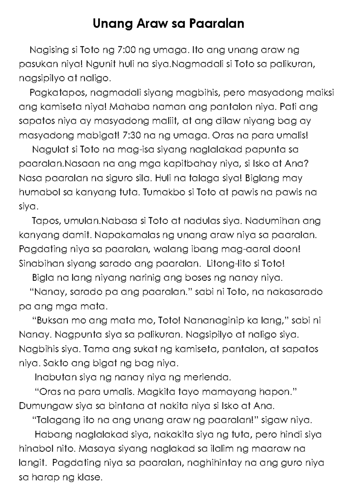 Unang Araw ng Pasukan: Kwento ni Toto sa Paaralan - Studocu