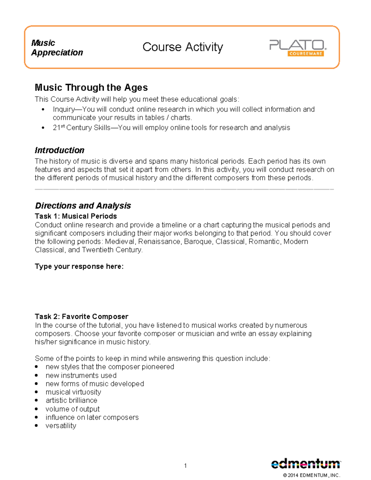 Music Through the Ages: CA Course Activity Overview and Research Guide ...