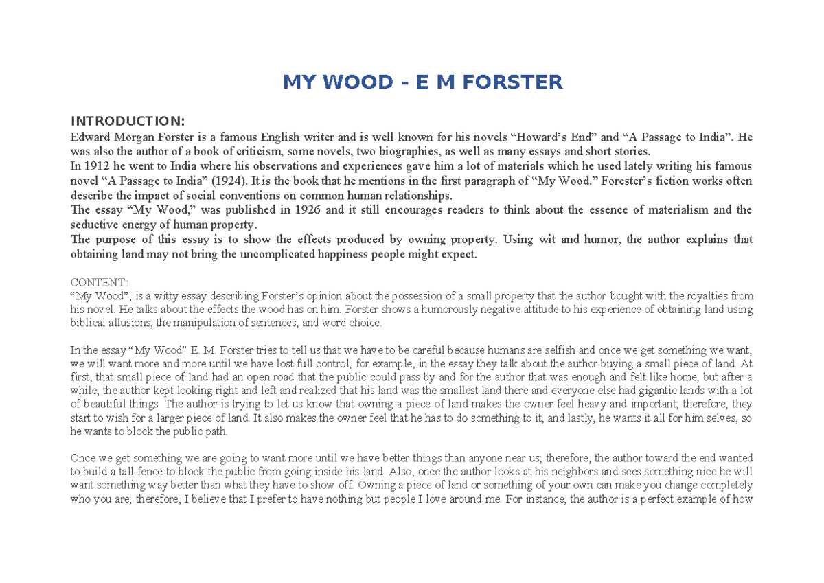 My Wood - E.M. Forster: A Critical Summary of Ownership and Desire ...