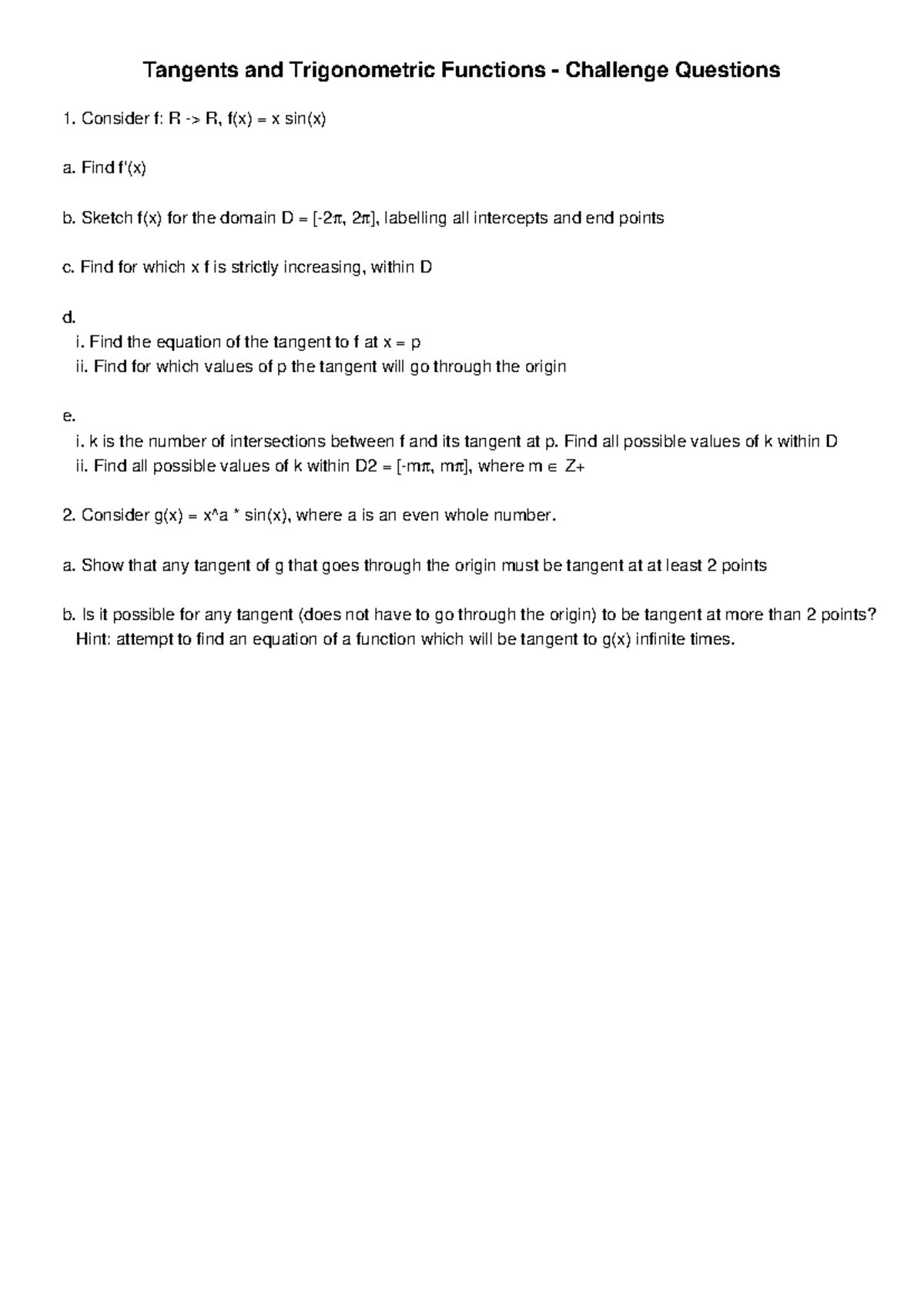Tangent and Trigonometric Functions Challenge Questions (MATH 101 ...