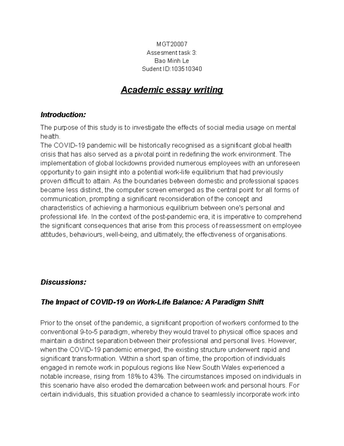 MGT2000 Academic Essay: Impacts of COVID-19 on Work-Life Balance - Studocu