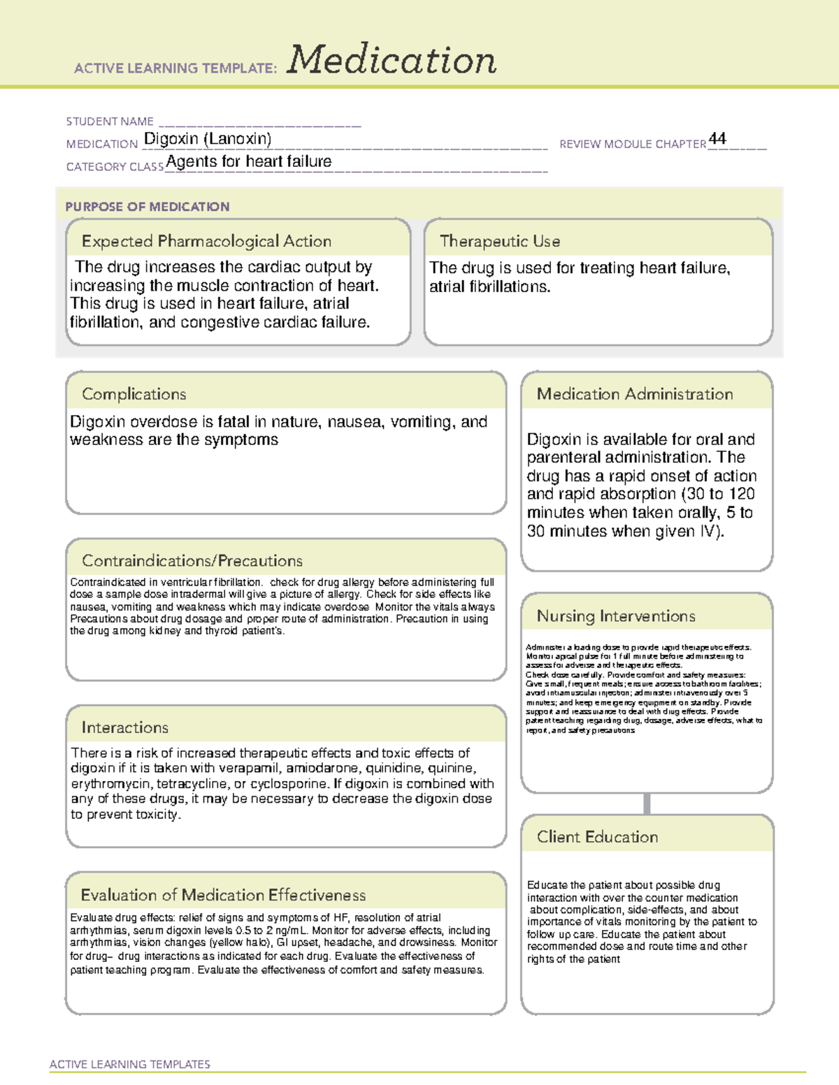 Digoxin (heat failure ) - ACTIVE LEARNING TEMPLATES Medication STUDENT ...