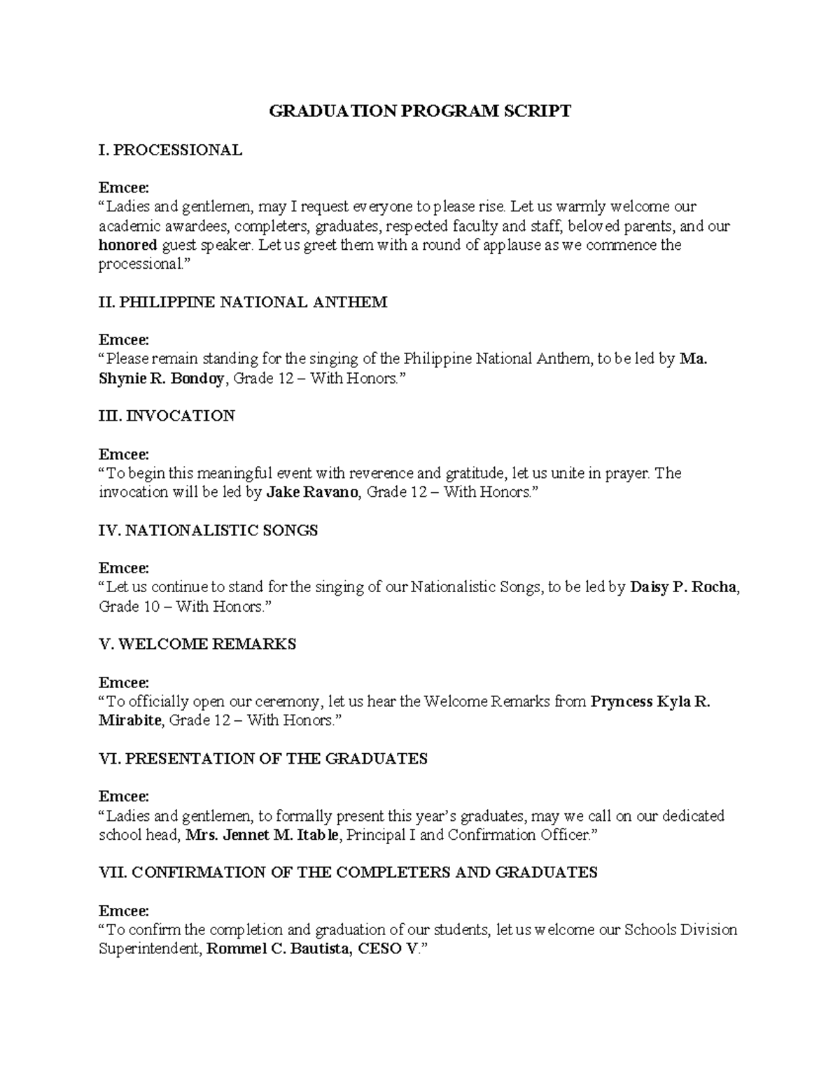 Graduation program script for Batch 2025 ceremony - Studocu