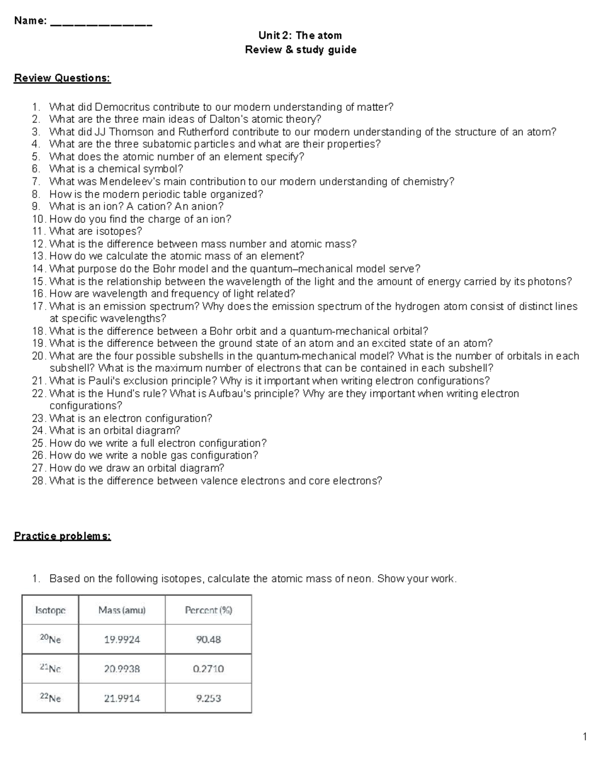Unit 2: Review Guide on Atomic Structure and Key Concepts - Studocu