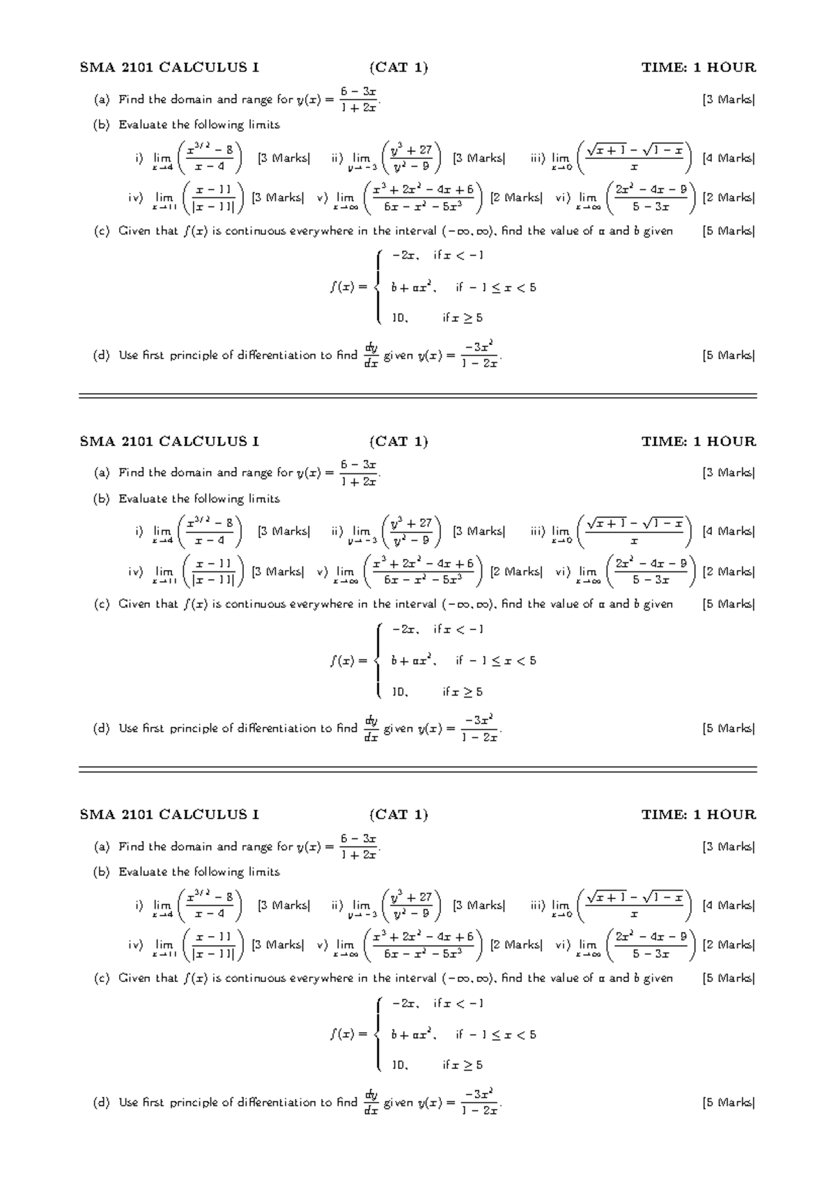 SMA 2101 CALCULUS I - CAT 1 Exam Review and Limit Evaluations - Studocu