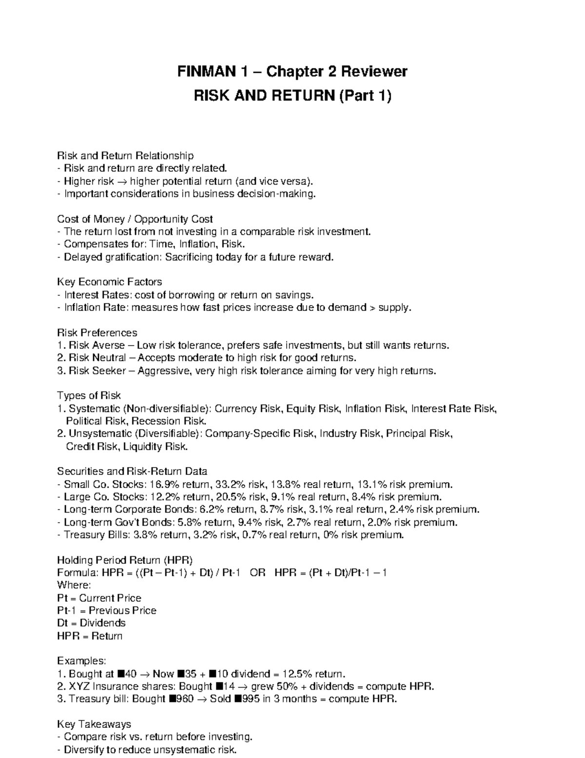 FINMAN 1 Chapter 2 Reviewer: Understanding Risk and Return - Studocu