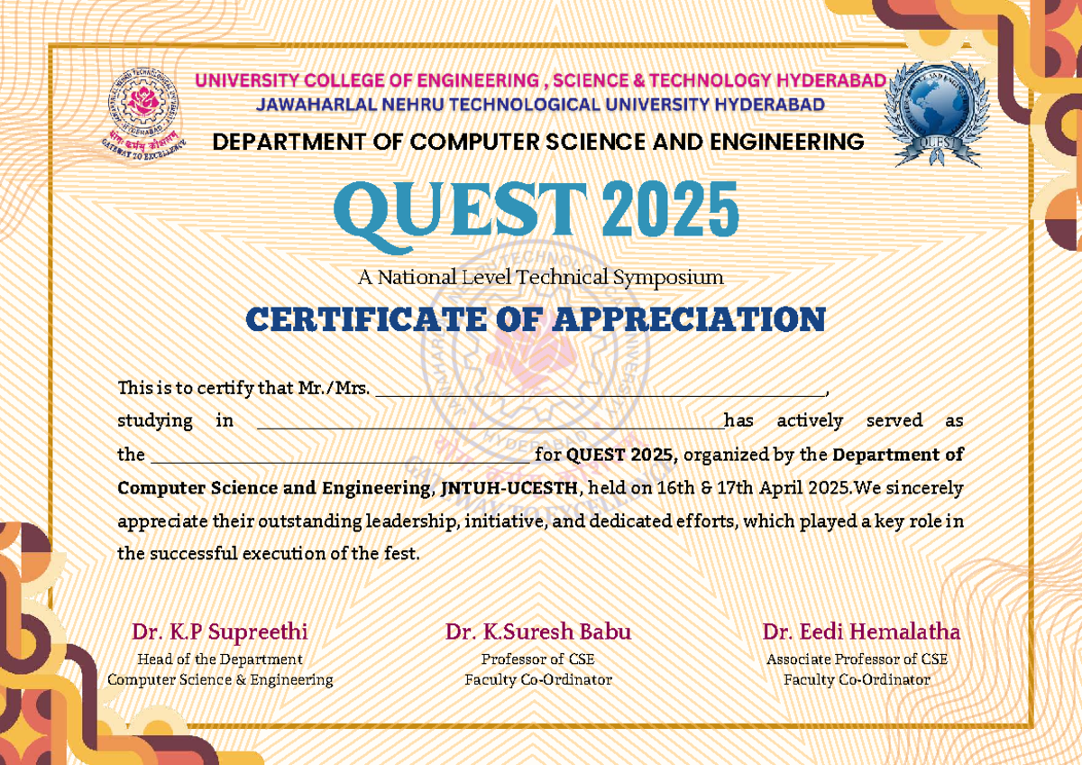 CSE 2025: Certificate of Appreciation for QUEST National Symposium ...