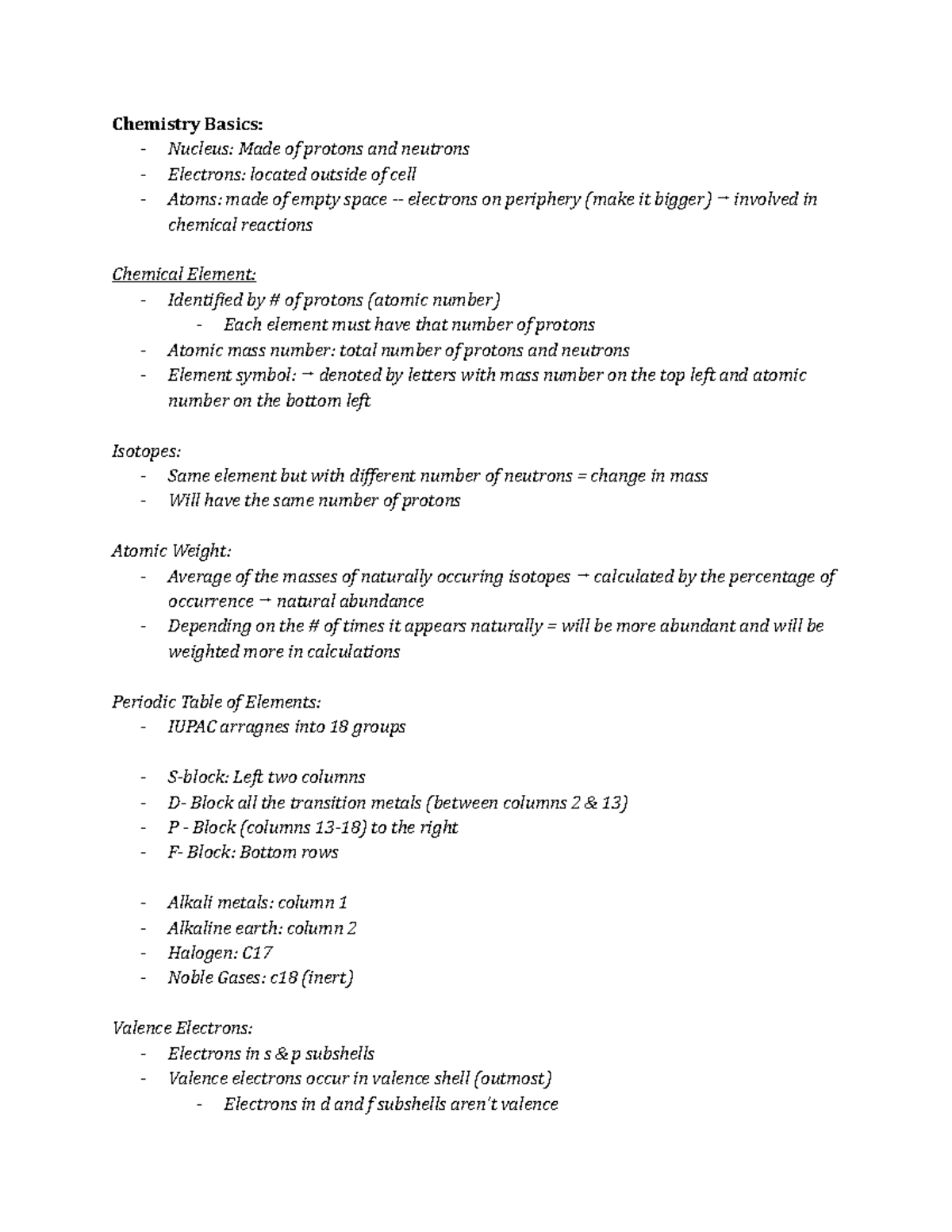 CHEM 121 - 1 & 2 (week) - Chemistry Basics: - Nucleus: Made of protons ...