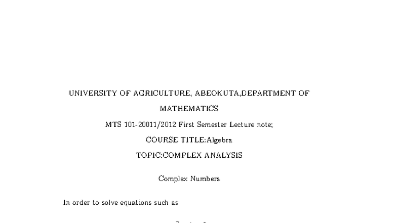 MTS 101F Final Lecture Notes on Complex Analysis - Studocu