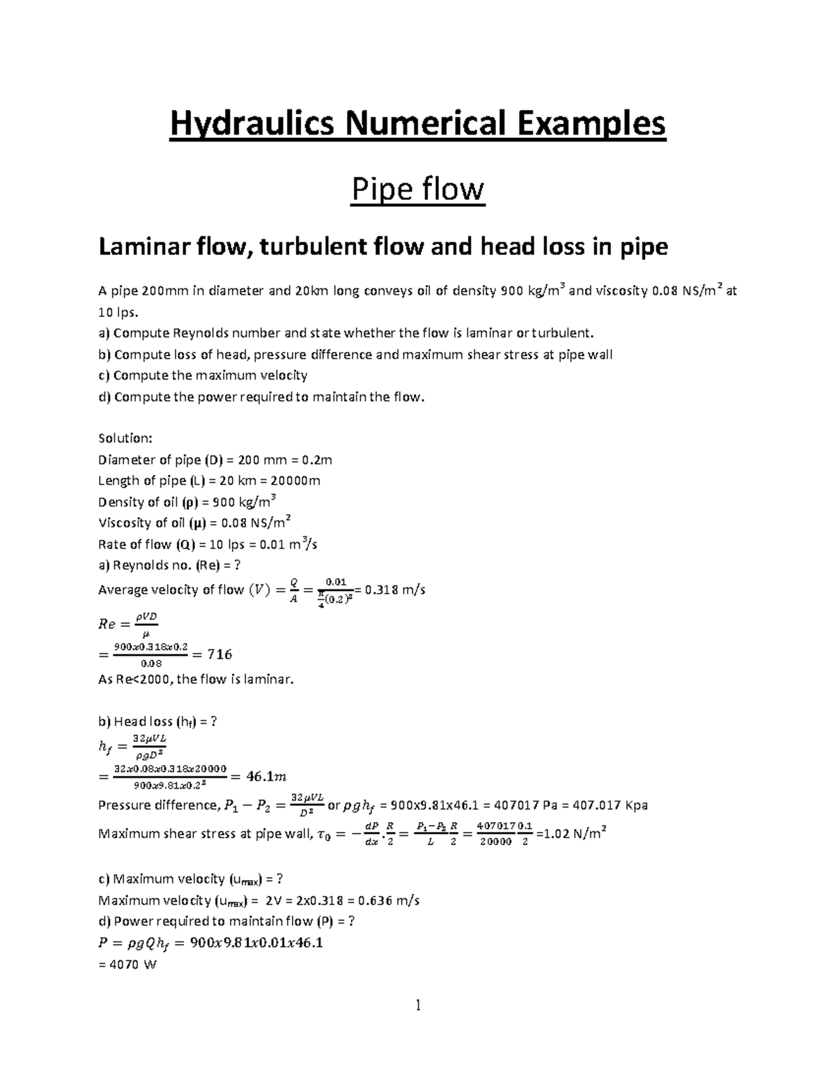 Hydraulics Numerical Examples: Pipe Flow Analysis (ENGR 101) - Studocu