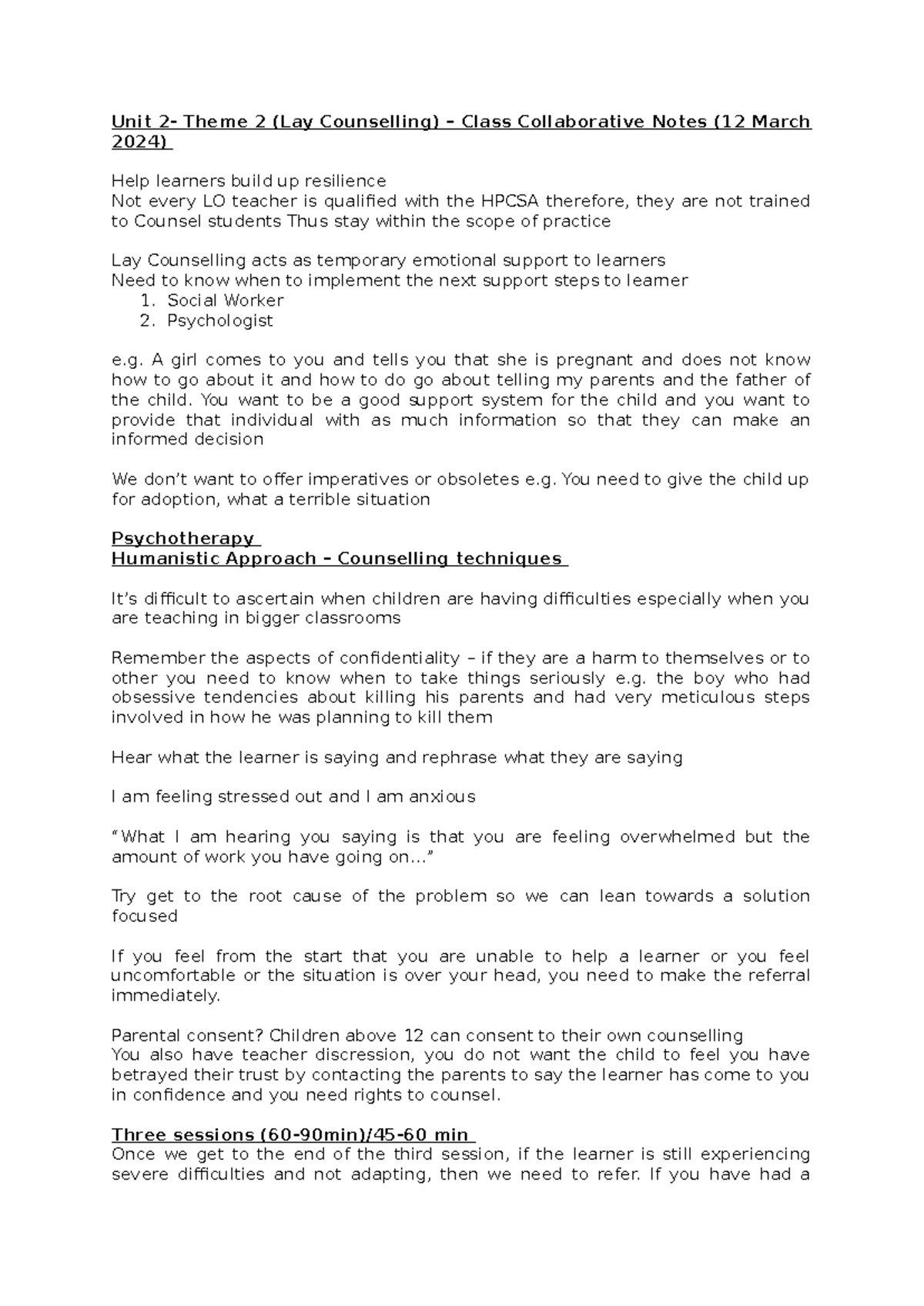 Unit 2: Collaborative Notes on Lay Counselling & Resilience Building ...