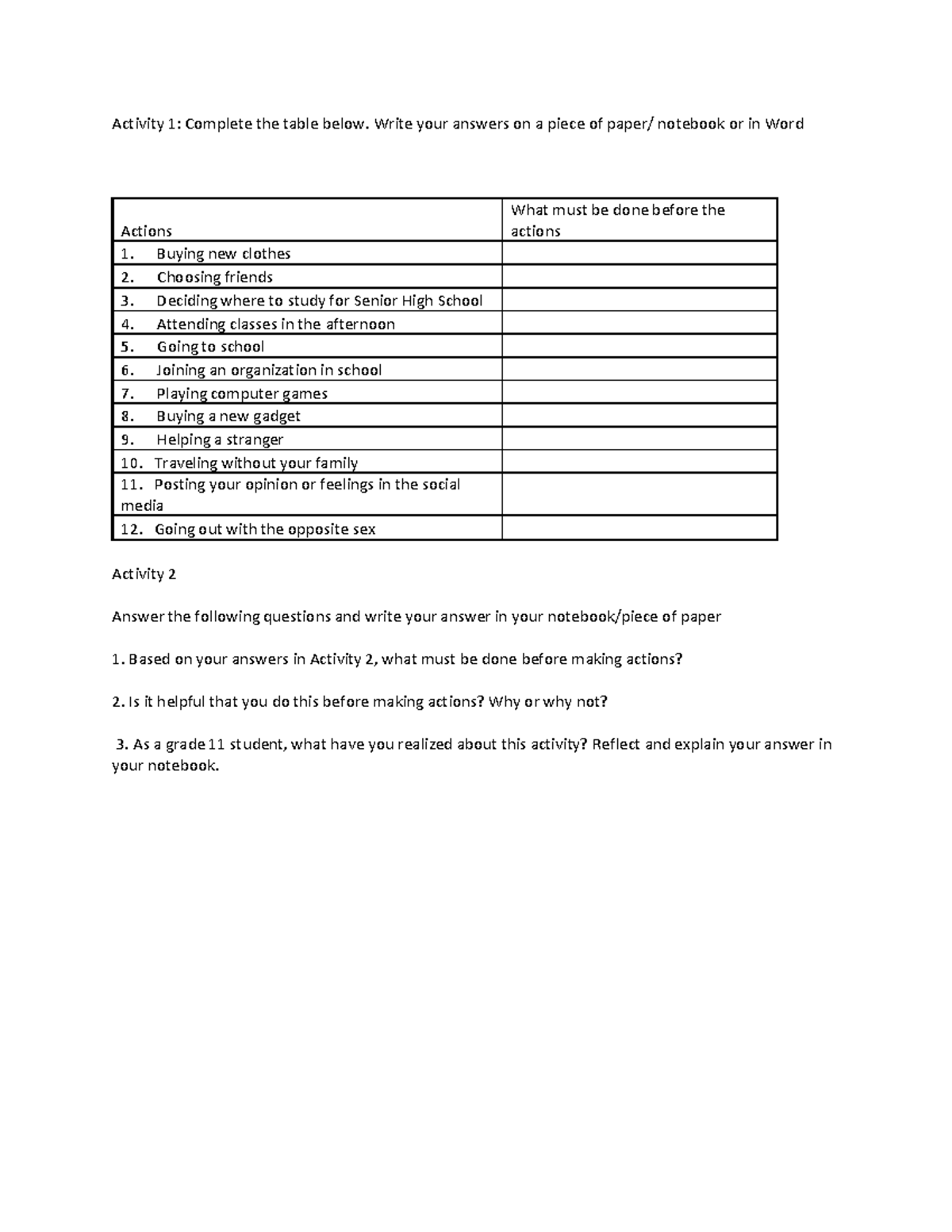 Doing Philo Activity - Activity 1: Complete the table below. Write your answers on a piece of ...