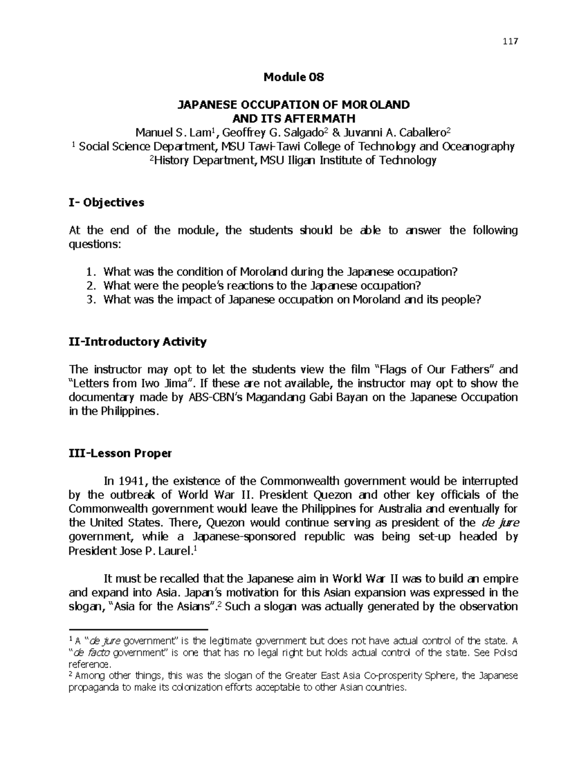 Module 11: Japanese Occupation of Moroland and Its Aftermath - Studocu
