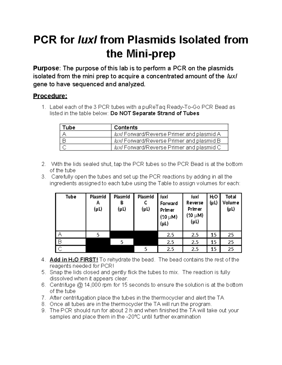 PCR of luxI Gene from Mini Prepped Plasmids (Lab Procedure) - Studocu