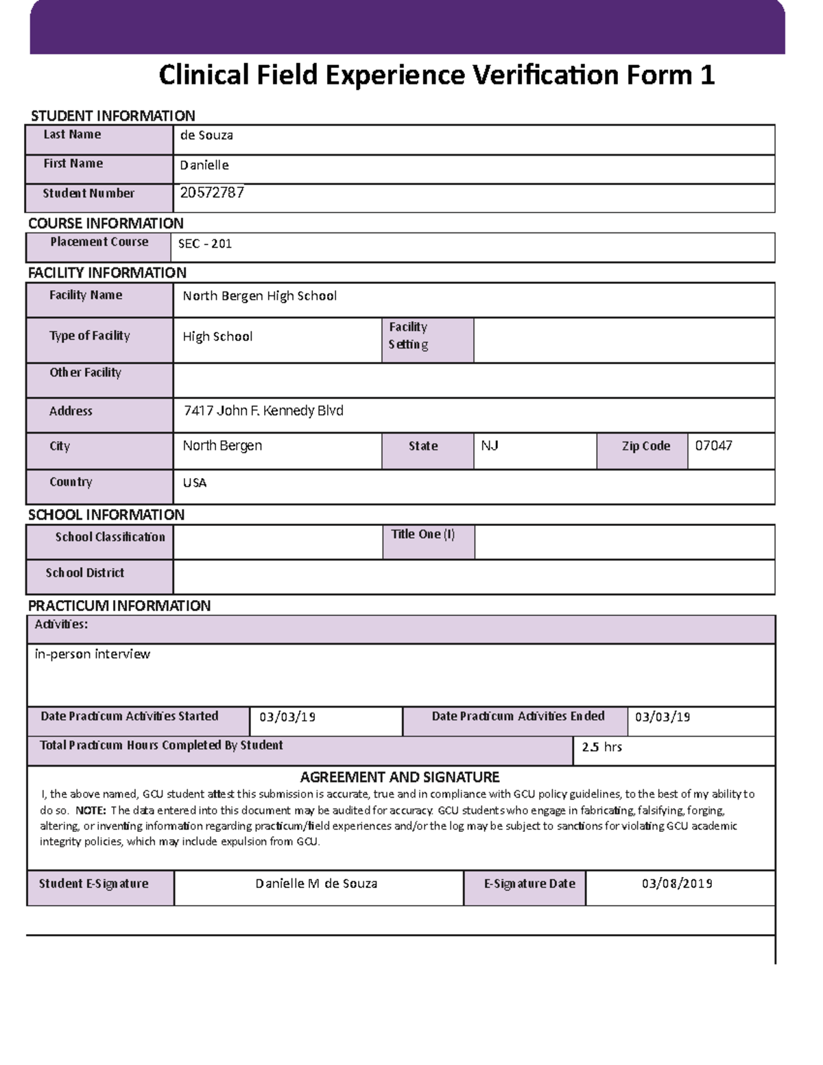 SEC - 201 Clinical Field Experience Verification Forms for Students ...