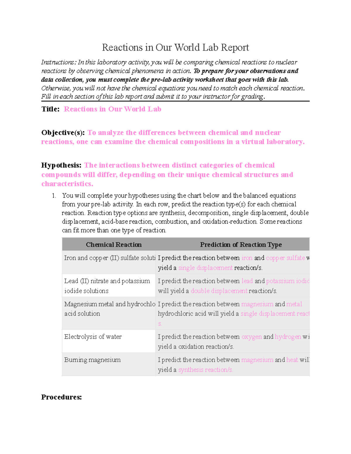 Reactions in Our World Lab Report: Comparing Chemical & Nuclear ...