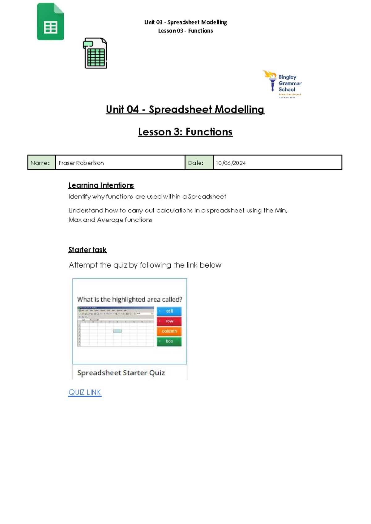Unit 03 & 04 Spreadsheet Modelling: Lesson 03 Functions Worksheet - Studocu