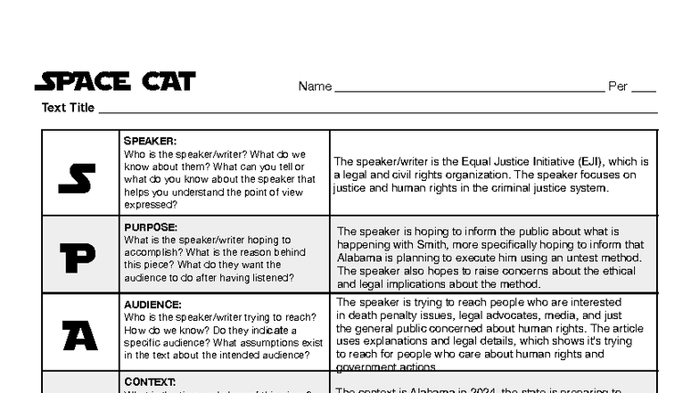 SPACE CAT Analysis Worksheet - EJI Speech on Execution Methods - Studocu