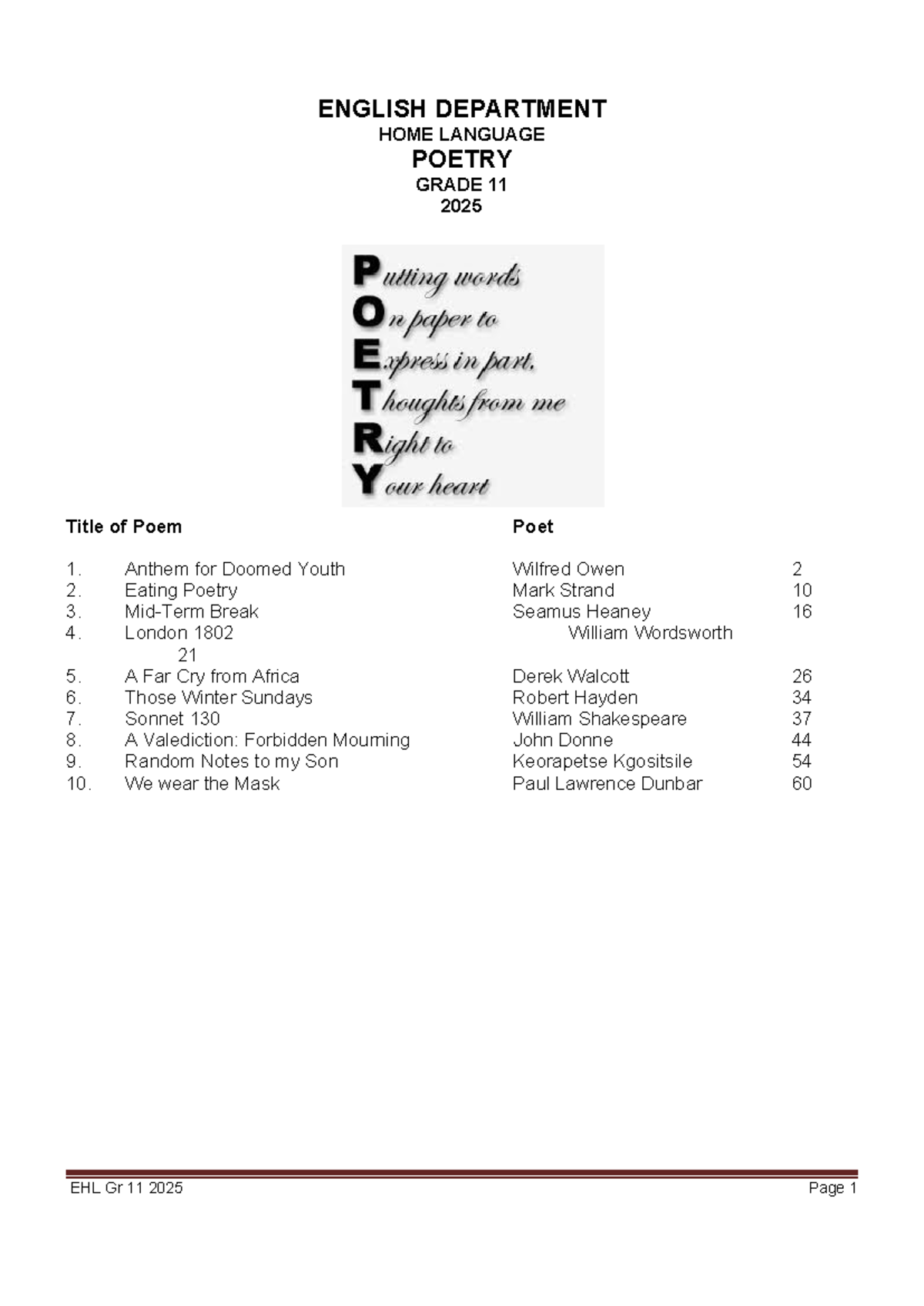 EHL Gr 11 2025 Poetry Analysis and Notes on Key Poems - Studocu