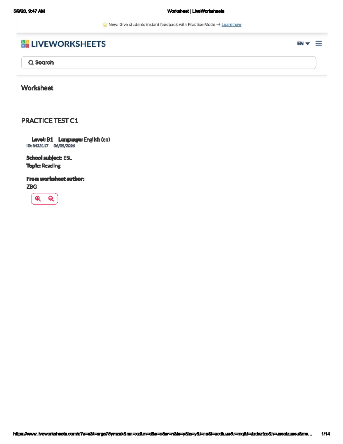 ESL Practice Test C1: Reading Comprehension Worksheet B1 - Studocu