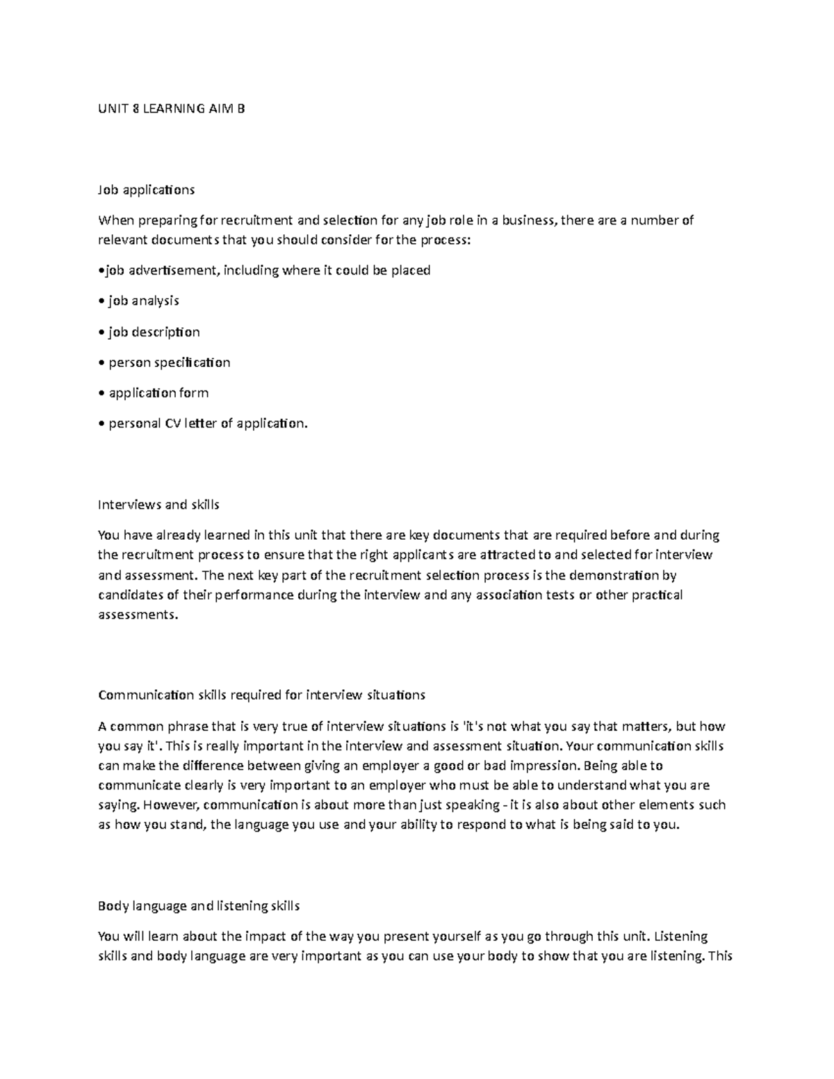 BTEC National Business Unit 8: Recruitment Process & Interview Skills ...