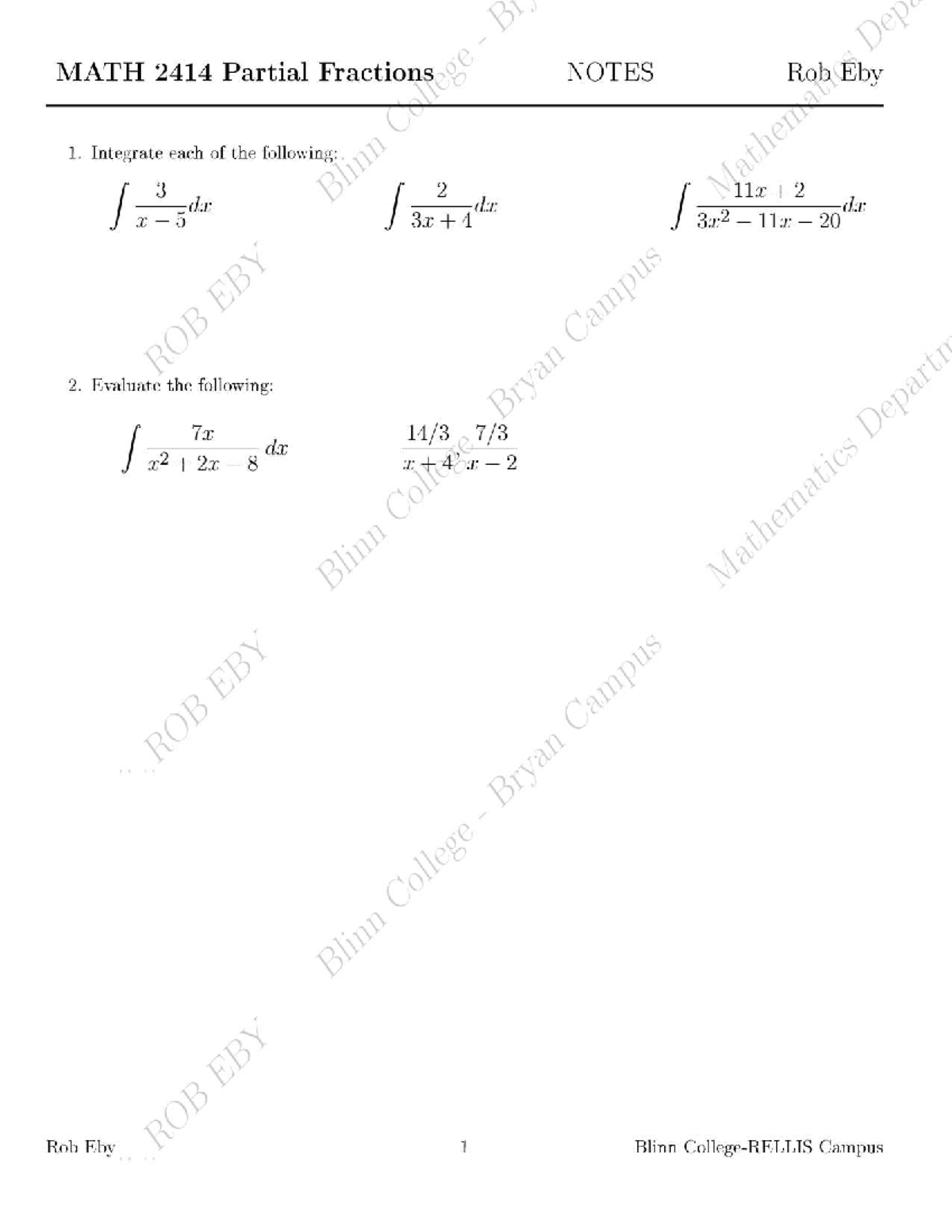 MATH 2414 Partial Fractions Integration Notes - Rob E - Studocu